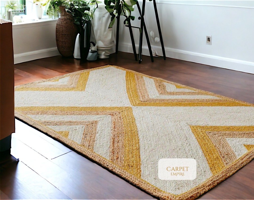 Aesthetic Jute Rug , Yellow & White Cross Geometric Pattern, Yellow ...