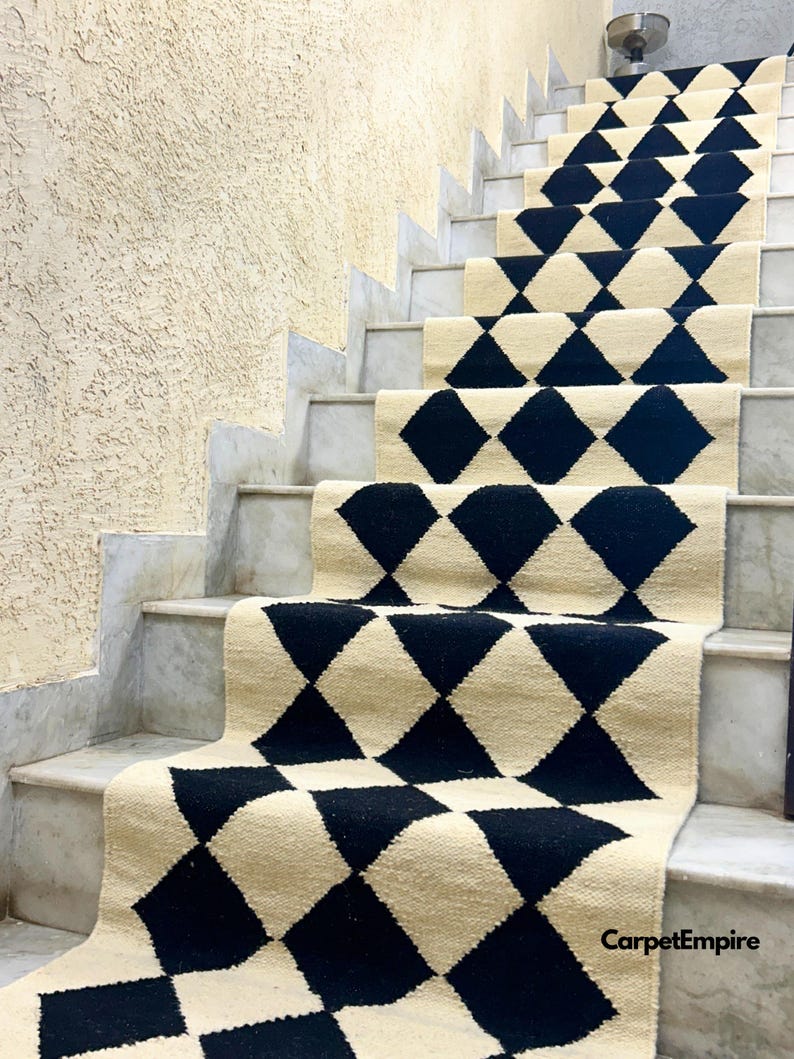 Modern Stair Runner, Black White Handwoven Wool Diamond Runner, Hallway ...
