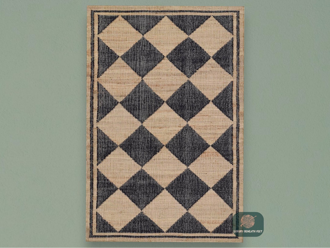 Black / Beige Diamond Jute Rug, Indian Handmade Natural Scandinavian ...