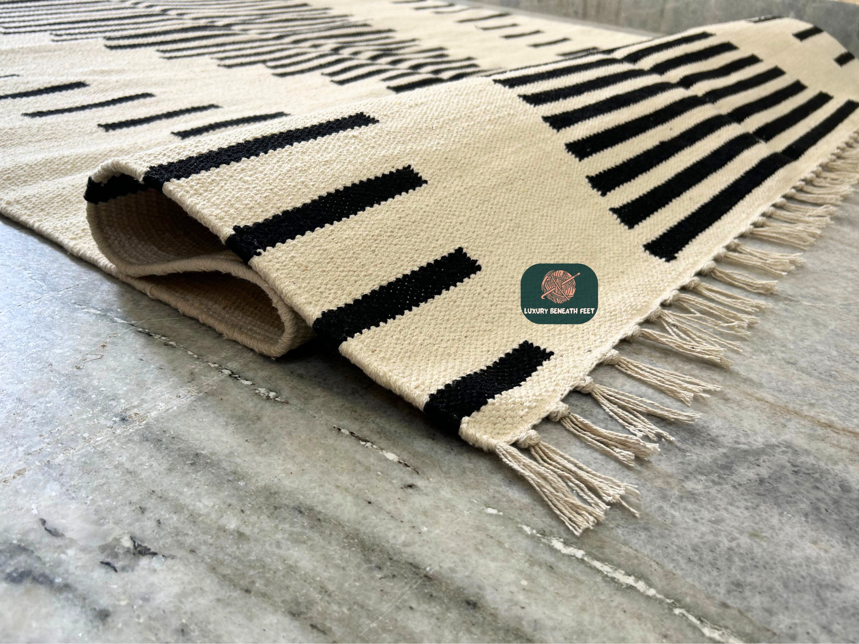 Striped Cotton Runner, Handwoven White Runner, Modern Geometric Hallway ...