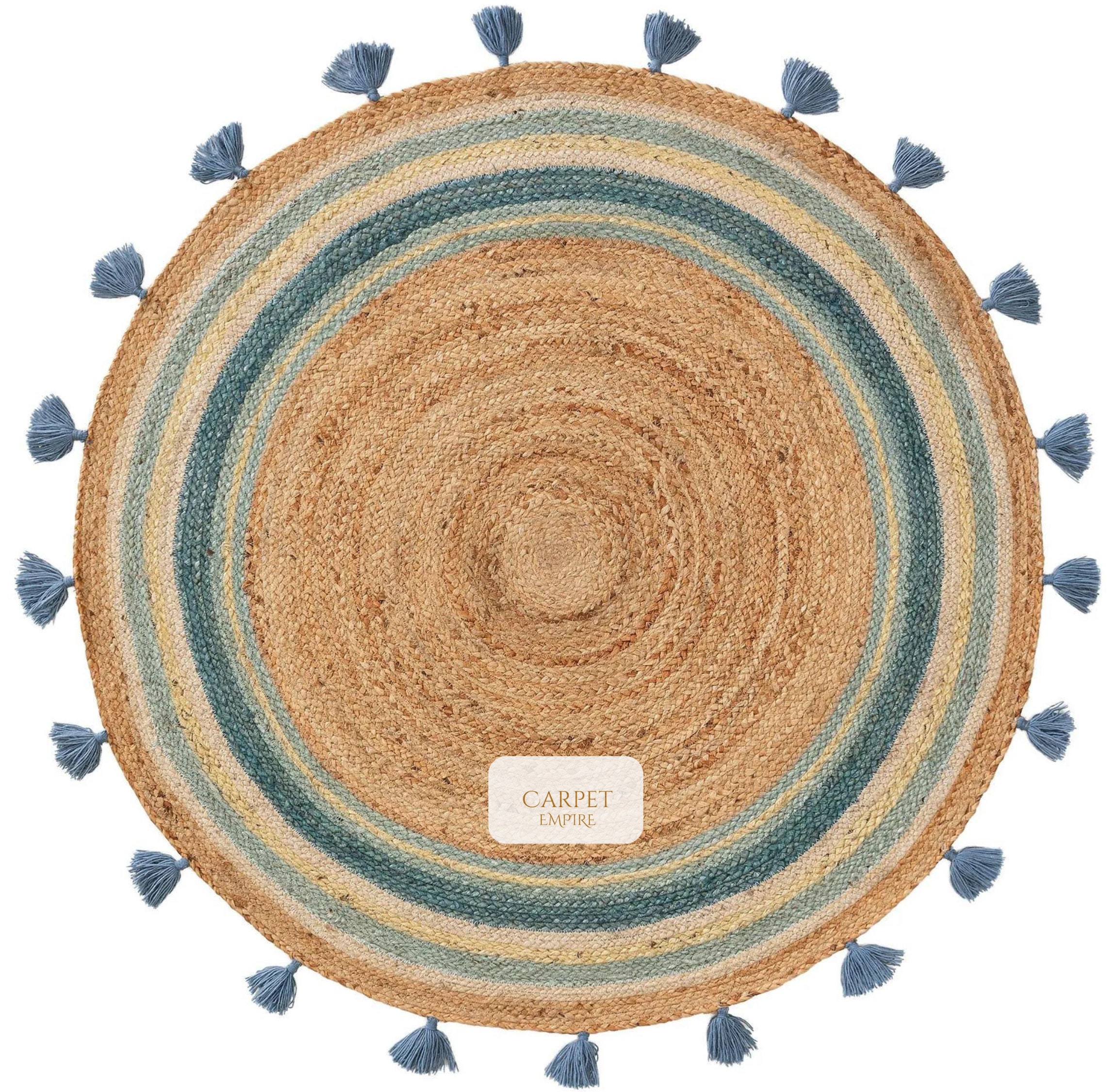 Exclusive Jute Round Rug With Blue Color Border & Fringes,natural Fiber ...