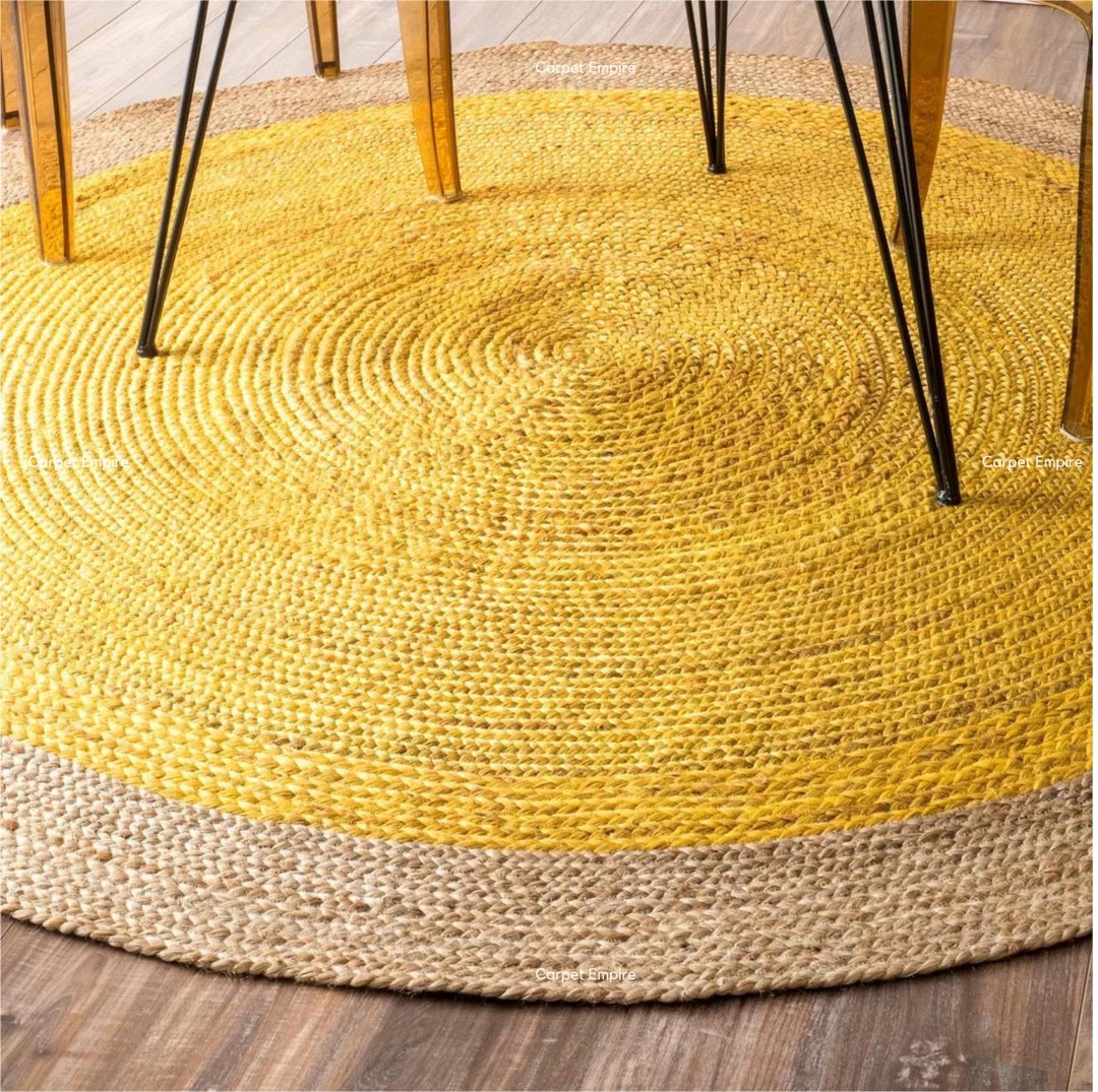 Yellow Round Jute Rug With Natural Border, Round Rug , Custom Size Rug ...