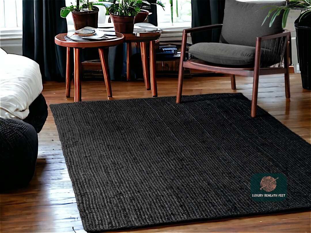 Black Jute Rug, High Traffic Area Rug, Handwoven Natural Fiber Black ...