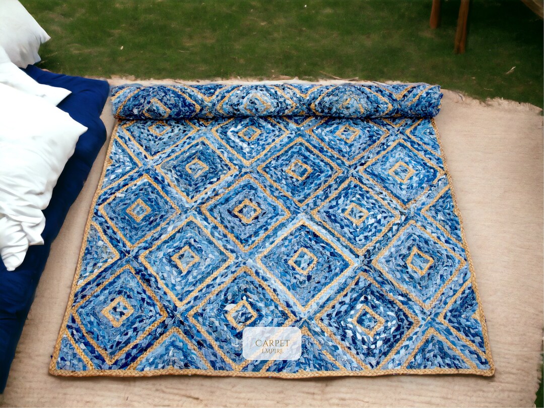 Diamond Pattern Blue Denim Jute Rug, Recycled Denim Rug , Blue Jeans ...