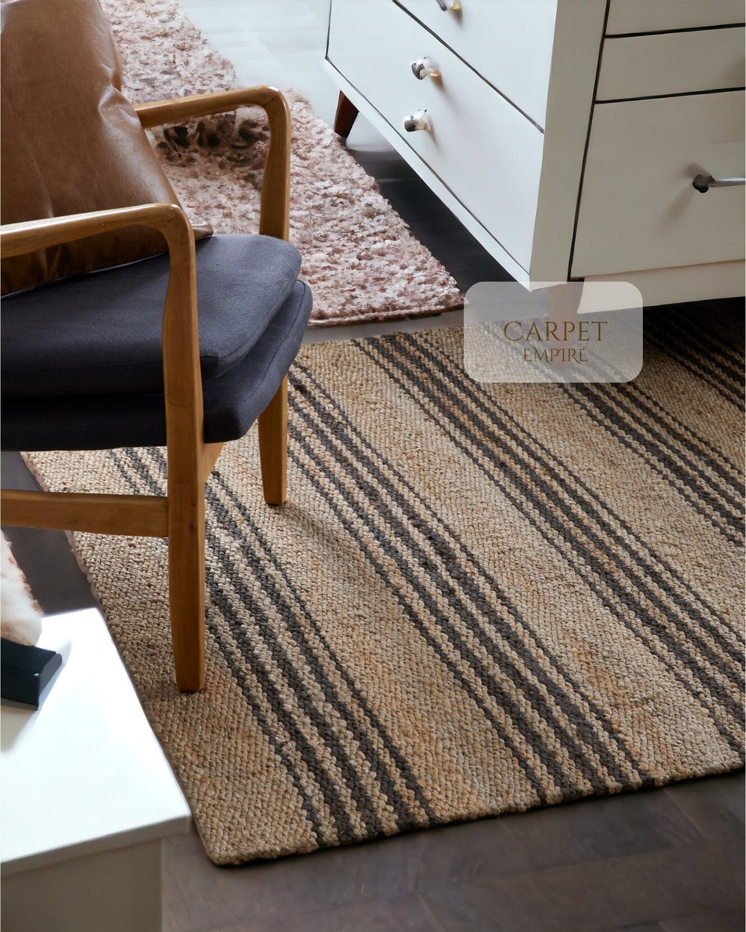 Premium High Traffic Jute Rug With Black Stripes, Jute Area Rug for ...