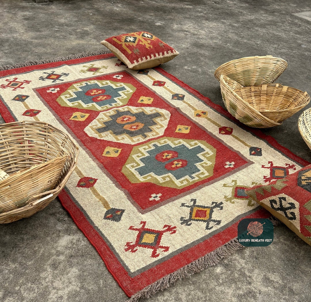 Red Southwestern Rug, Vintage Area Floor Carpet, Handmade Flatweave Rug ...