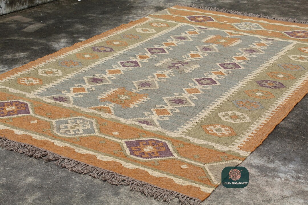 Navajo Rug Neutral Wool Jute Area Rug Vintage Kilim Pattern Handmade ...