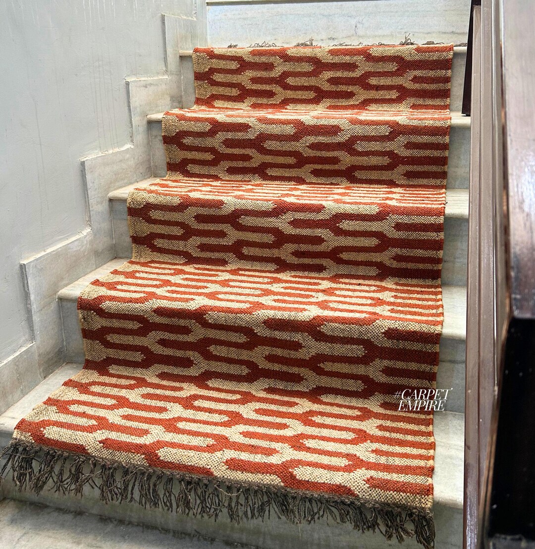 Geometric Red Stair Runner | Wool Jute Runner Rug for Stairs / Hallway ...