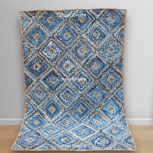 Diamond Pattern Blue Denim Jute Rug, Recycled Denim Rug , Blue Jeans ...