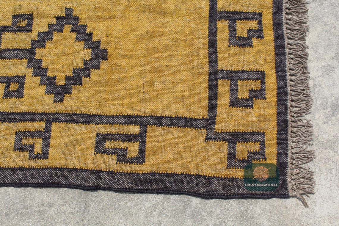 Turkish Kilim Mustard Yellow & Black, Bohemian Kilim Rug, Navajo ...