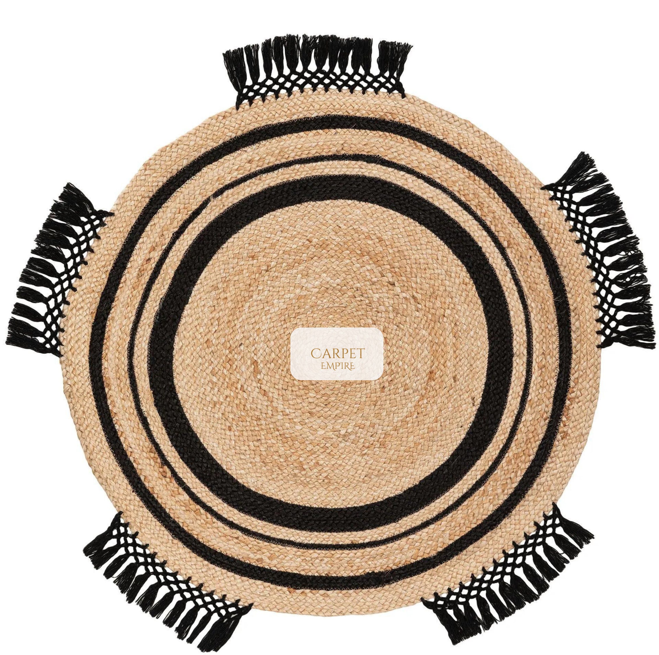Premium Handwoven Natural Jute Round Rug With Black Fringes / Tassels ...