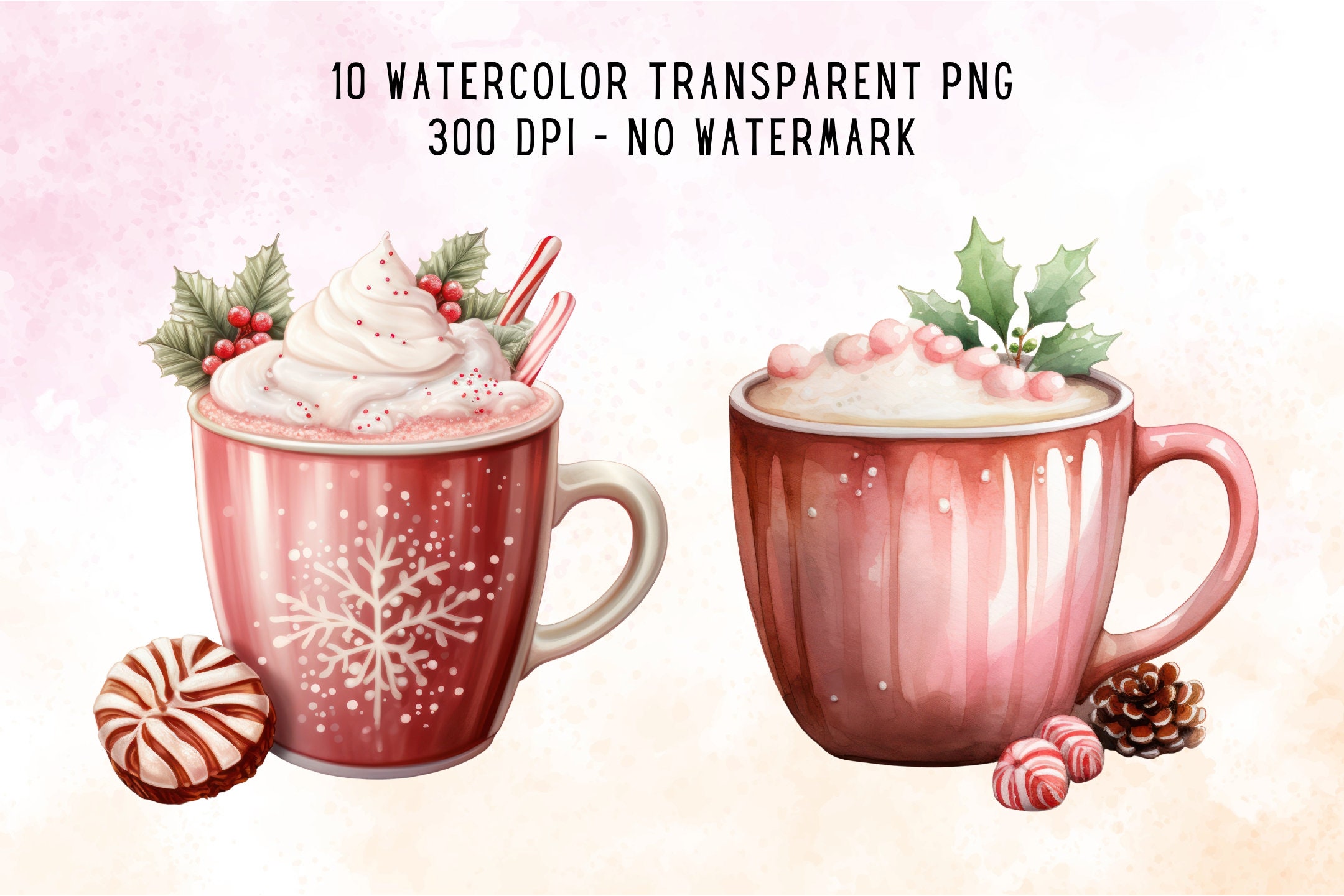Watercolor Pastel Christmas Hot Chocolate Clipart Bundle, Cocoa Drinks ...
