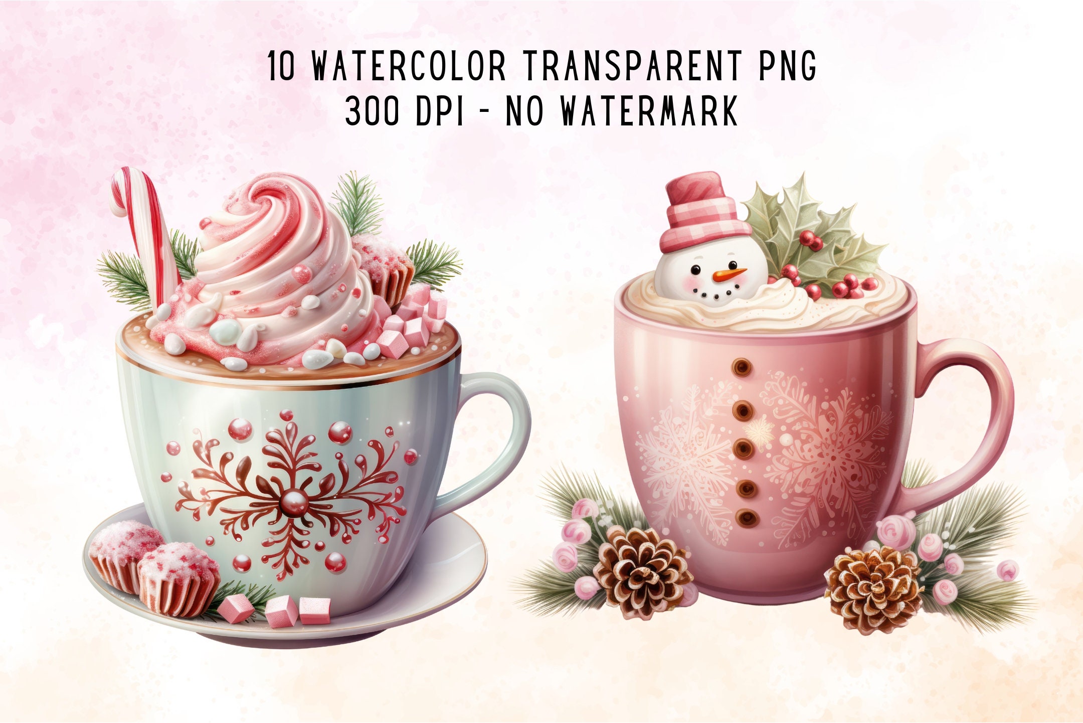 Watercolor Pastel Christmas Hot Chocolate Clipart Bundle, Cocoa Drinks ...