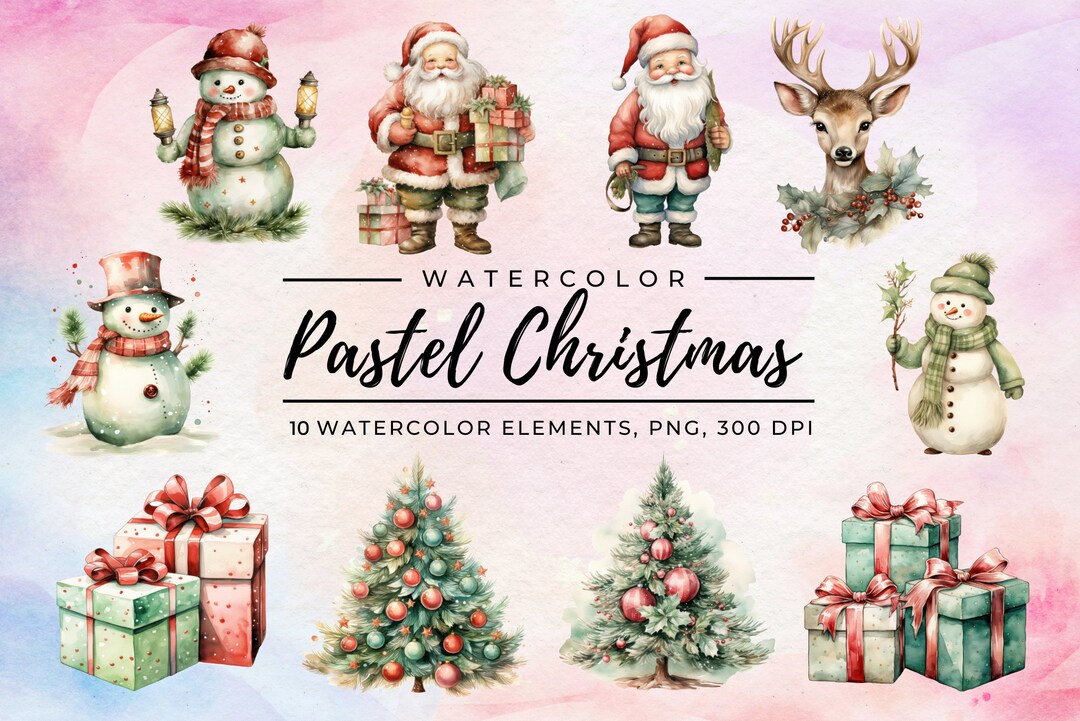 Watercolor Pastel Christmas Clipart Bundle, Holiday Elements, Winter ...