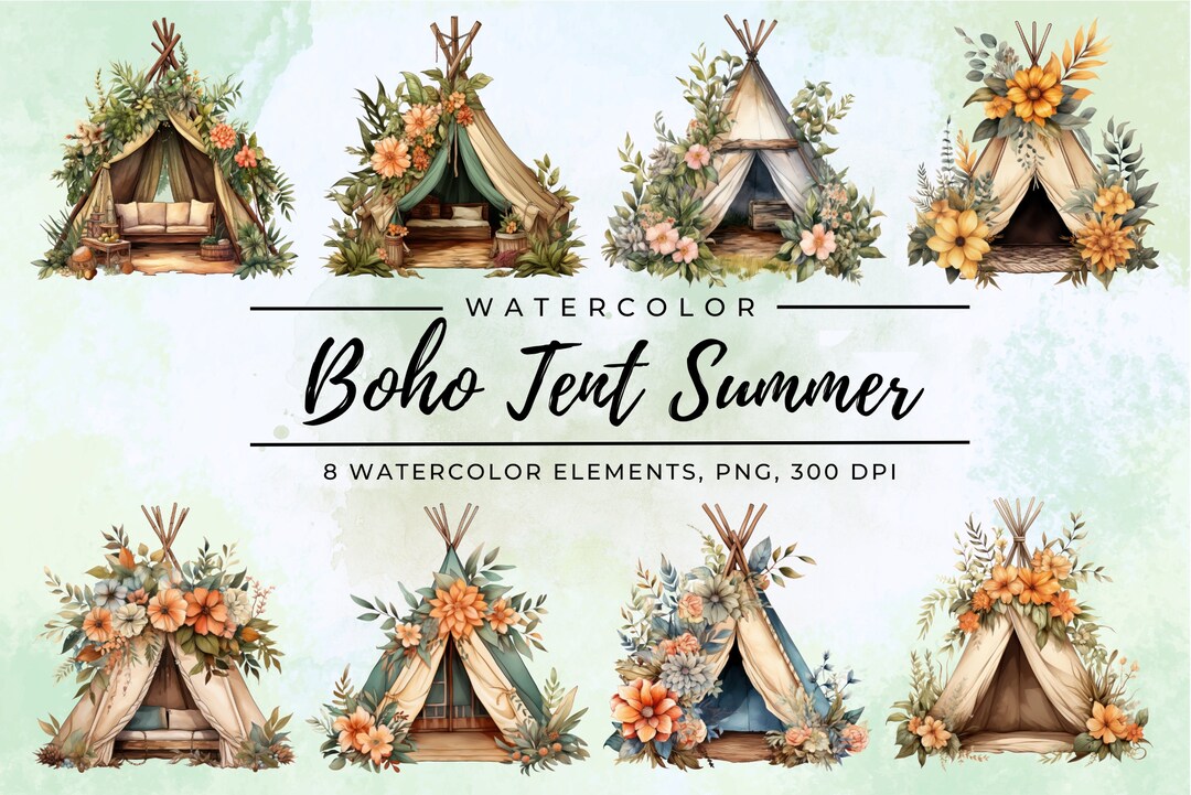 Watercolor Boho Tent Summer Clipart Bundle, Floral Teepee, Flower ...