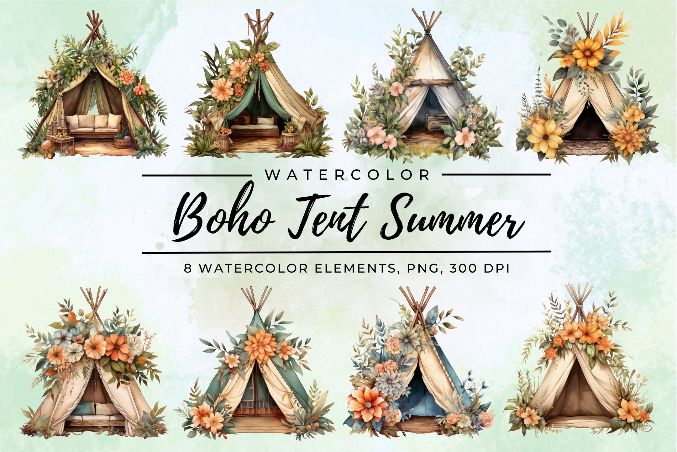 Watercolor Boho Tent Summer Clipart Bundle, Floral Teepee, Flower ...