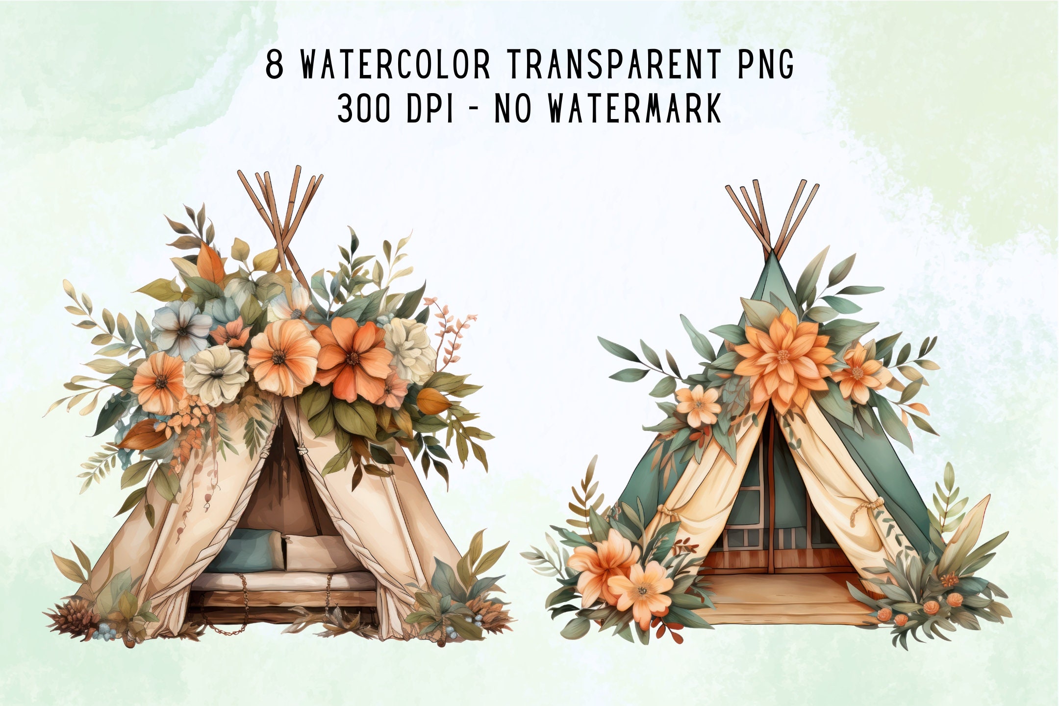 Watercolor Boho Tent Summer Clipart Bundle, Floral Teepee, Flower ...
