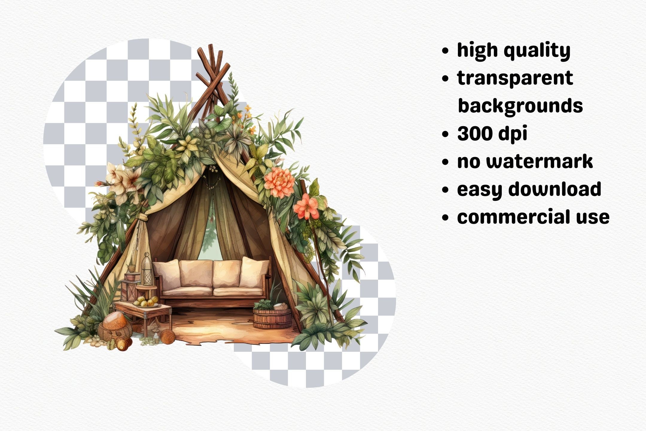 Watercolor Boho Tent Summer Clipart Bundle, Floral Teepee, Flower ...