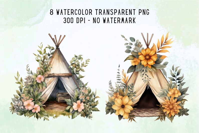 Watercolor Boho Tent Summer Clipart Bundle, Floral Teepee, Flower ...