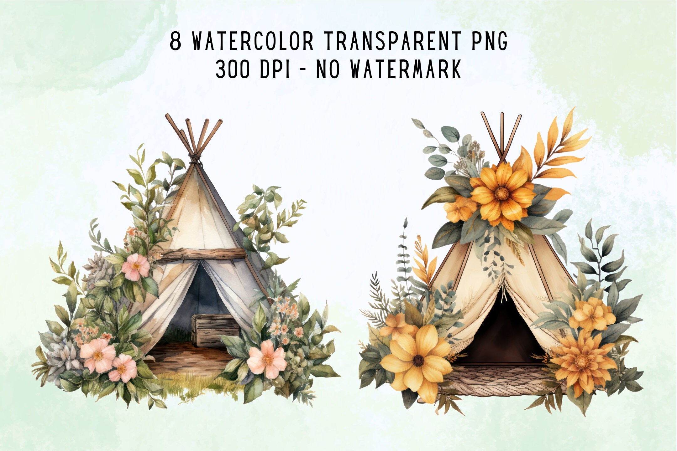 Watercolor Boho Tent Summer Clipart Bundle, Floral Teepee, Flower ...