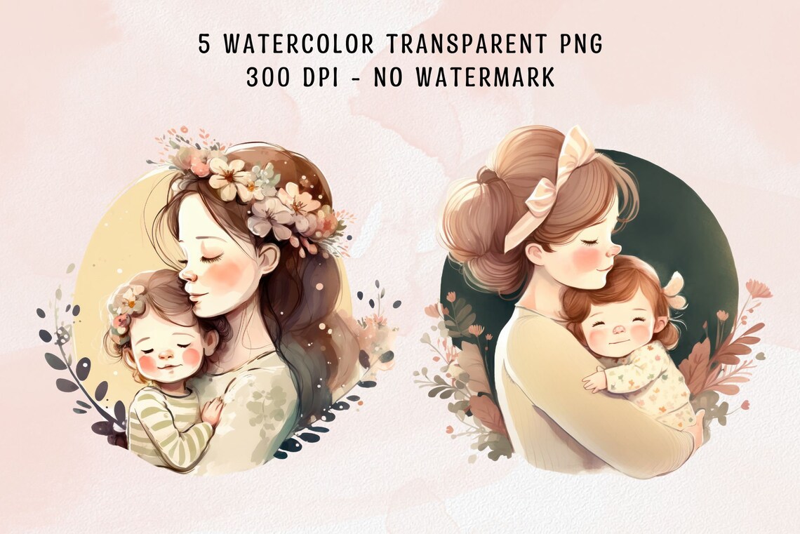 Watercolor Mother's Day Clipart Bundle, Mother and Daughter Elements ...