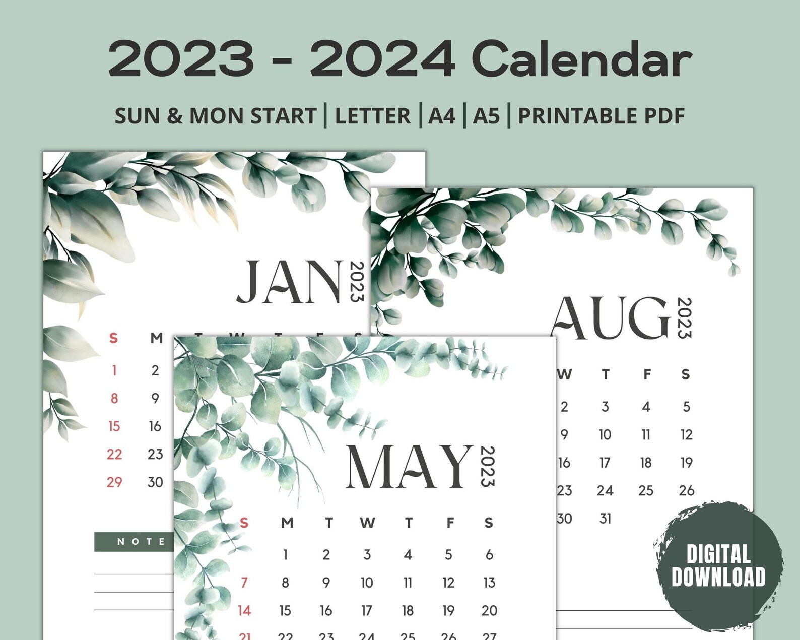 2023 2024 Printable Calendar Monthly Calendar Year Calendar - Etsy
