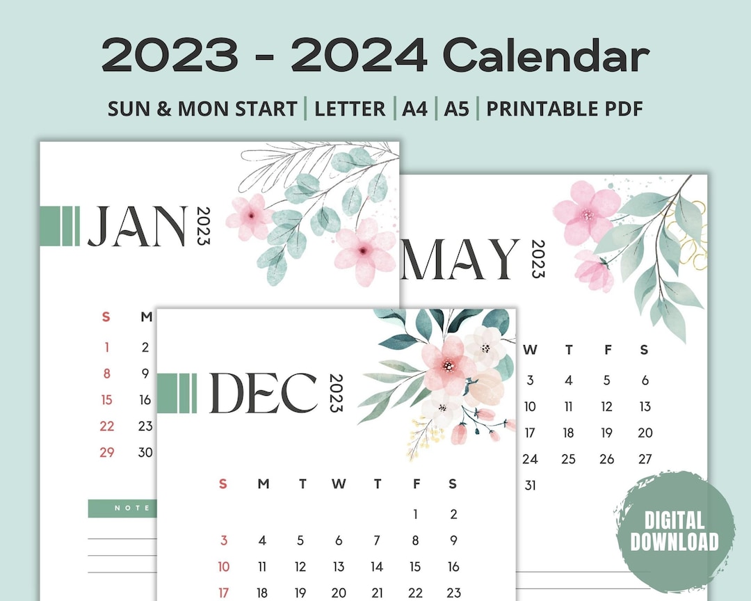 2023 2024 Printable Calendar, Monthly Calendar, Year Calendar 12 Months ...