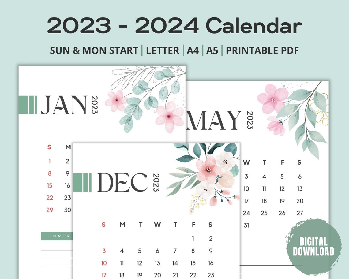 2023 2024 Printable Calendar, Monthly Calendar, Year Calendar 12 Months ...