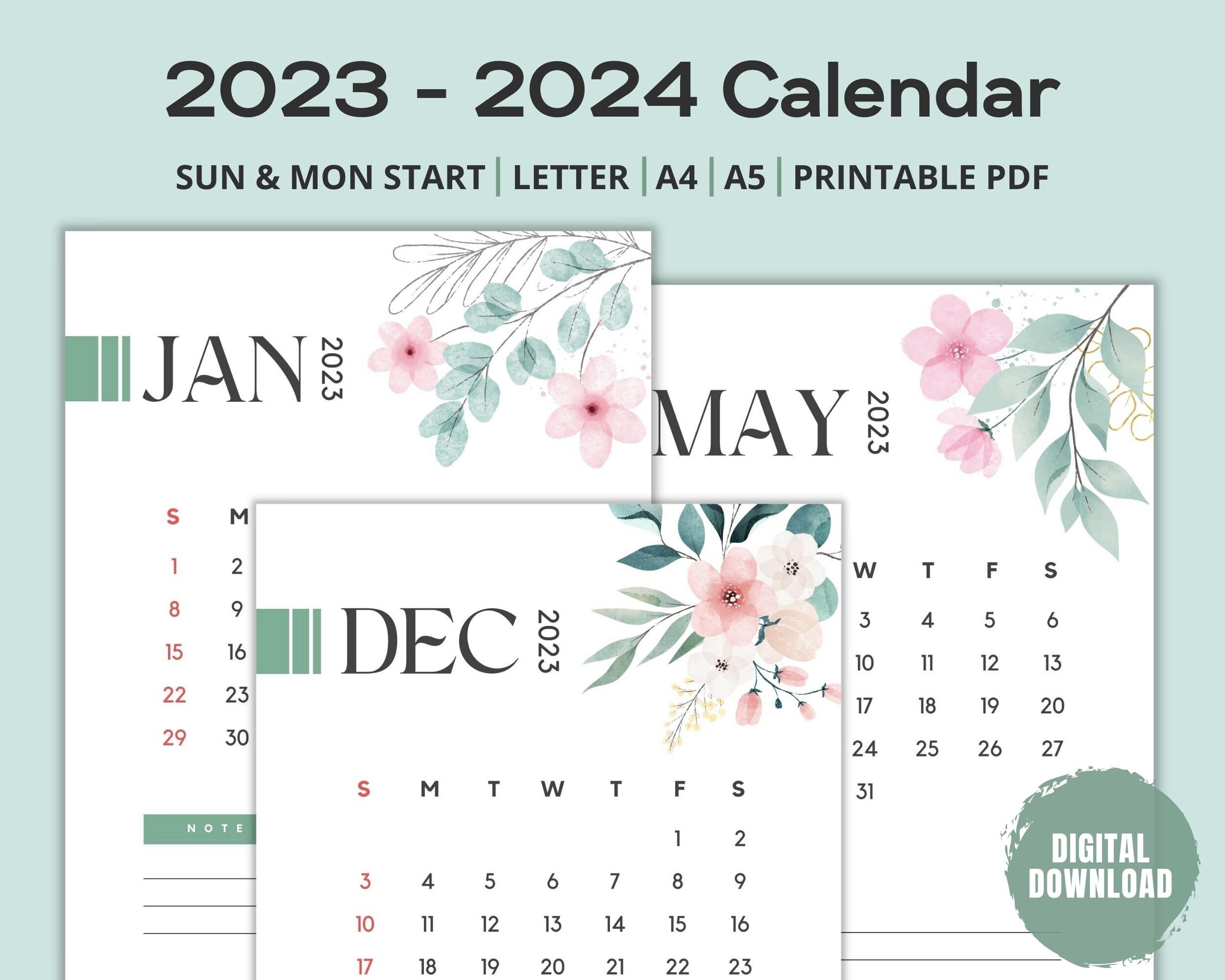 2023 2024 Printable Calendar, Monthly Calendar, Year Calendar 12 Months ...