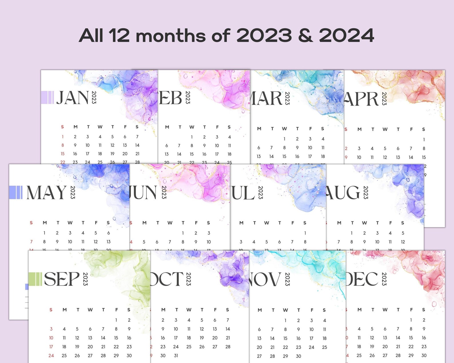 2023 2024 Printable Calendar, Monthly Calendar, Year Calendar 12 Months ...