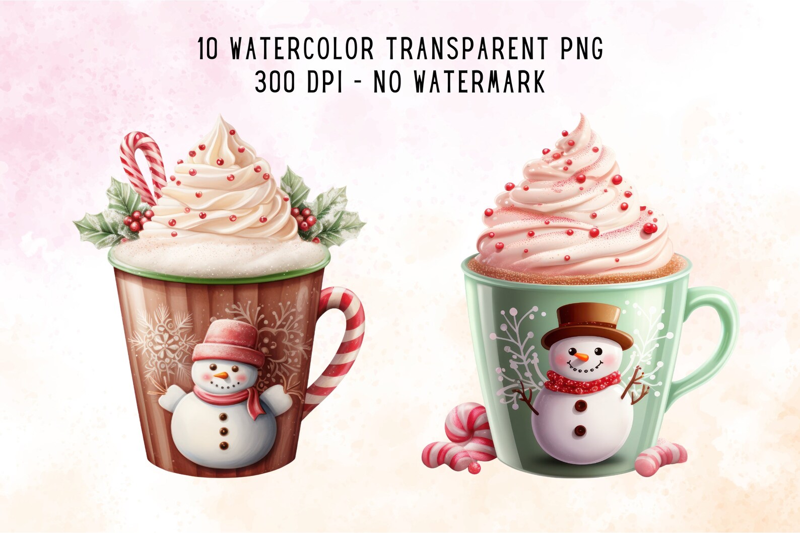 Watercolor Pastel Christmas Hot Chocolate Clipart Bundle, Cocoa Drinks ...