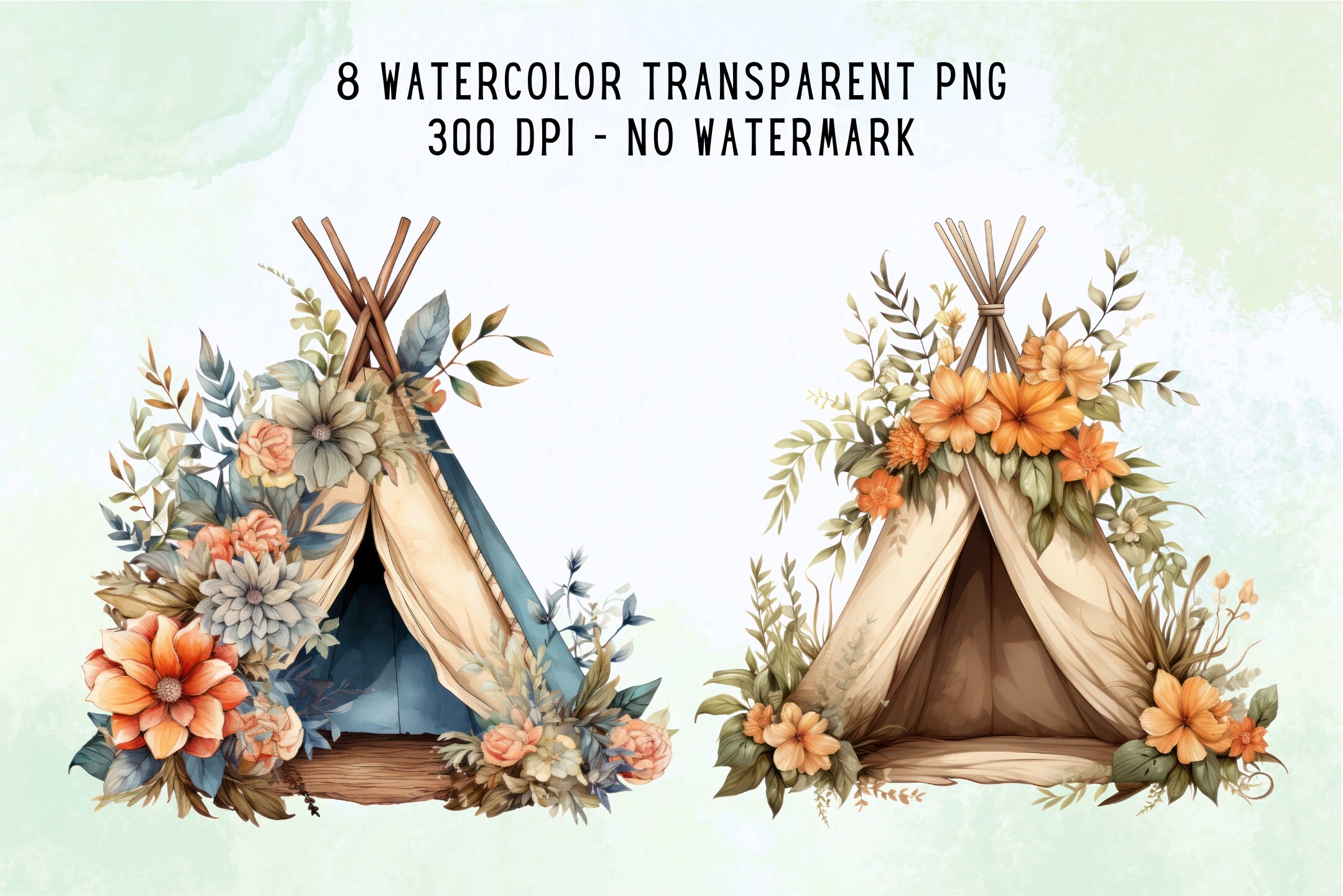 Watercolor Boho Tent Summer Clipart Bundle, Floral Teepee, Flower ...