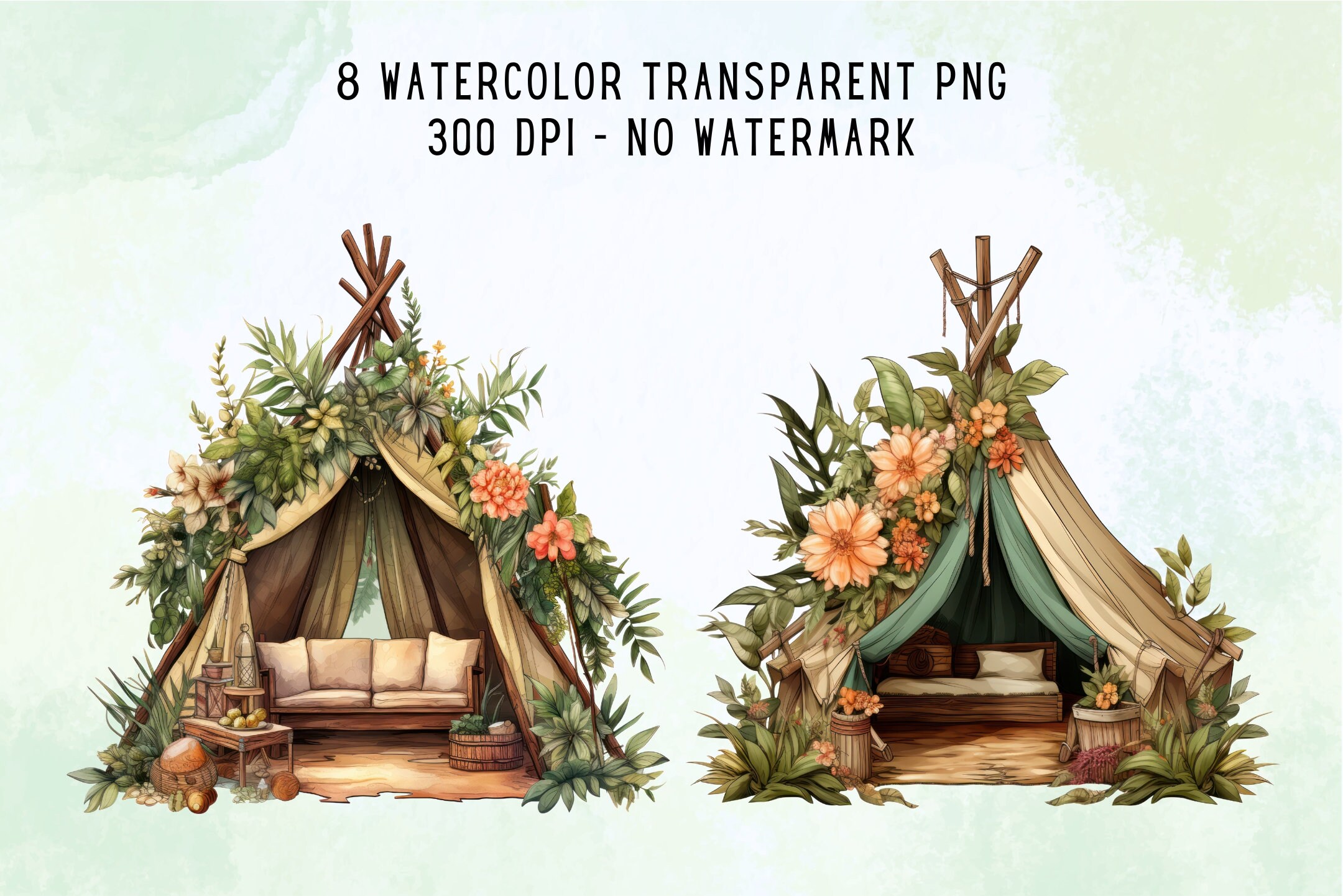 Watercolor Boho Tent Summer Clipart Bundle, Floral Teepee, Flower ...