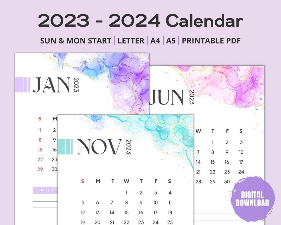 2023 2024 Printable Calendar, Monthly Calendar, Year Calendar 12 Months ...