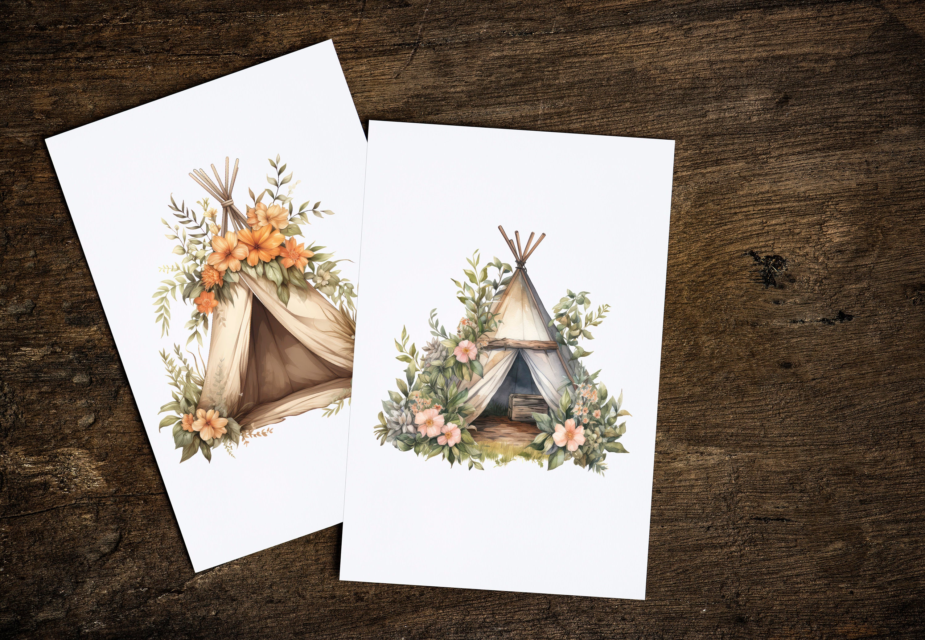 Watercolor Boho Tent Summer Clipart Bundle, Floral Teepee, Flower ...