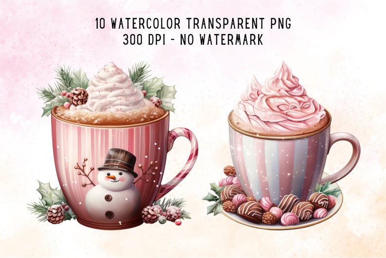 Watercolor Pastel Christmas Hot Chocolate Clipart Bundle, Cocoa Drinks ...