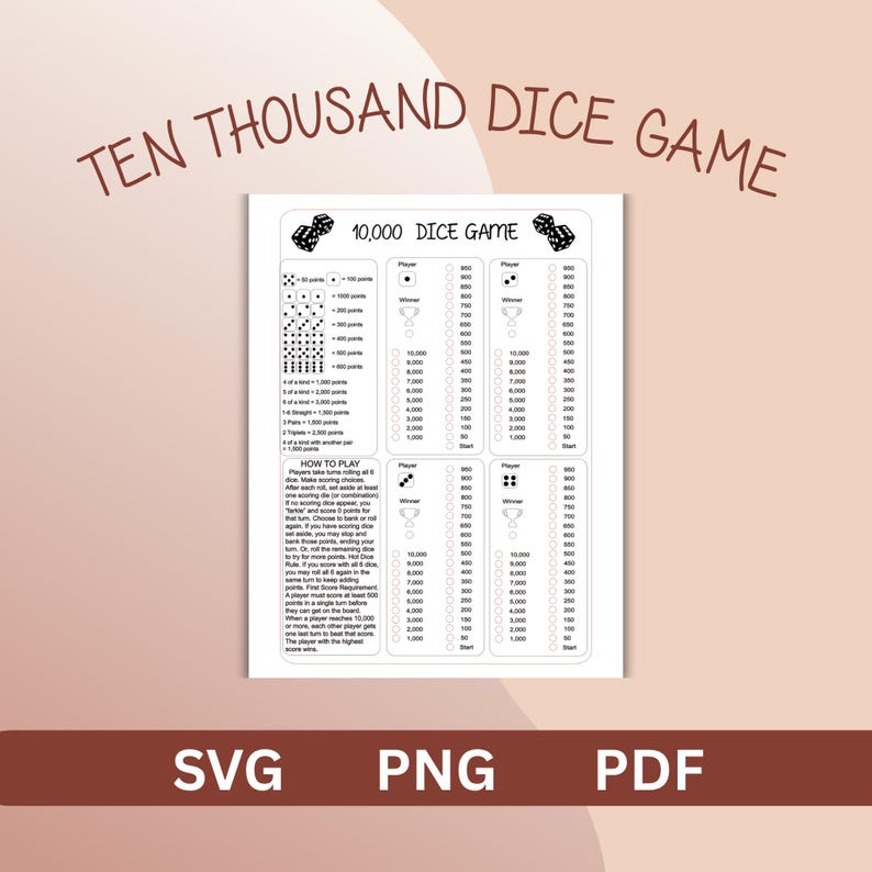 10,000 Dice Game Score Sheet | Ten Thousand Dice Game Printable | PDF ...
