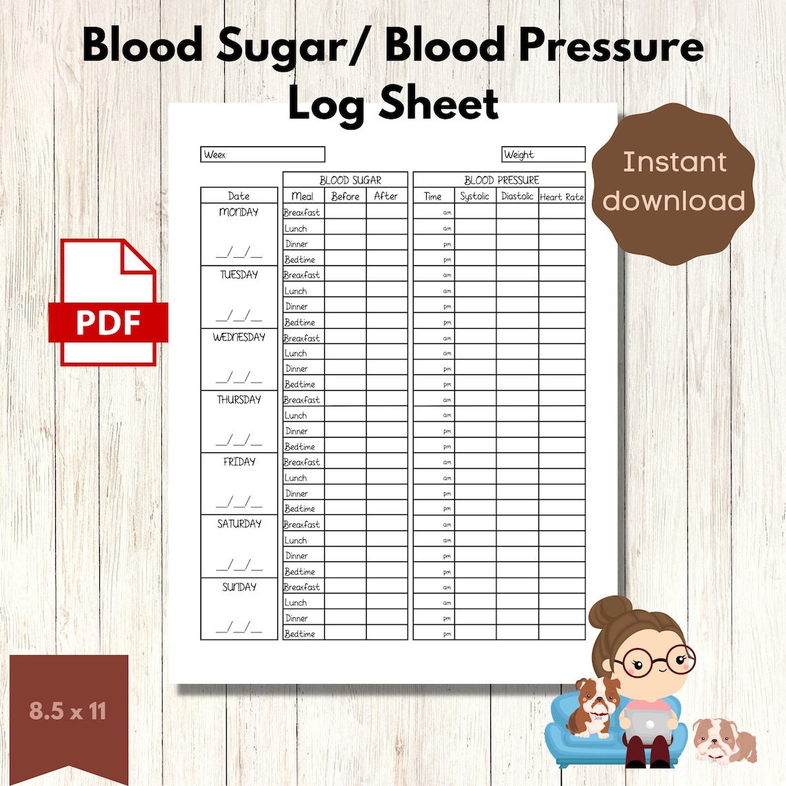 Blood Sugar Blood Pressure Log Sheet PDF Instant Download Health ...