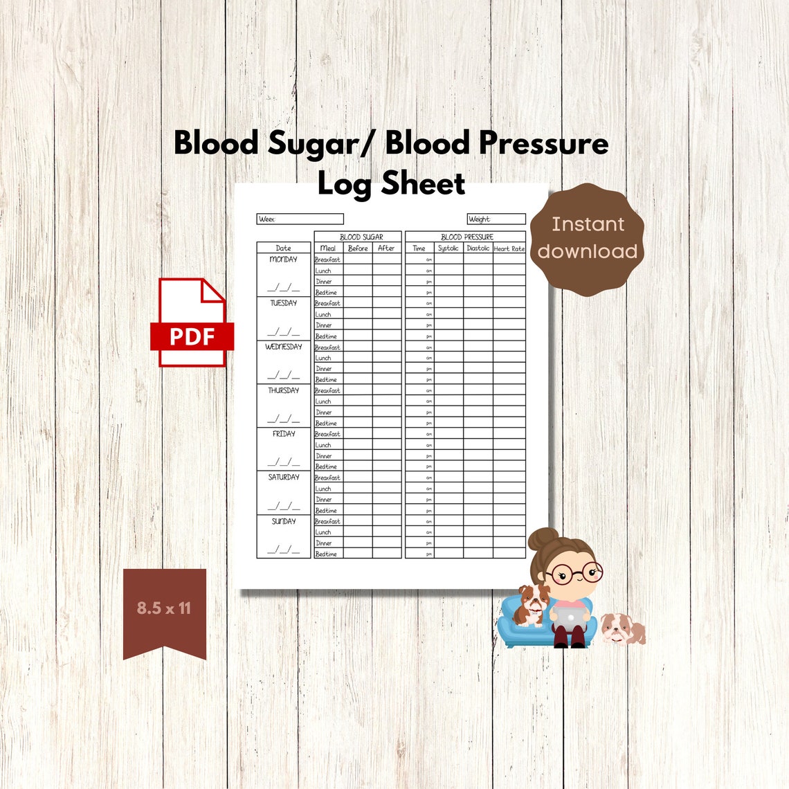 Blood Sugar Blood Pressure Log Sheet PDF Instant Download Health ...