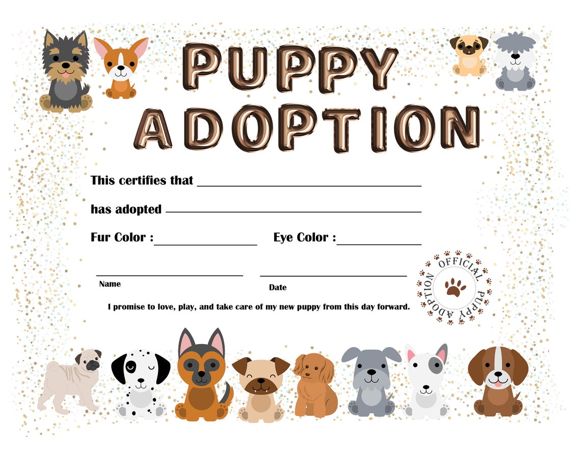 Puppy Adoption Printable Instant Download New Puppy Certificate PDF - Etsy