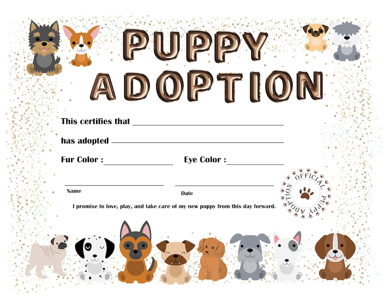 Puppy Adoption Printable Instant Download New Puppy Certificate PDF - Etsy