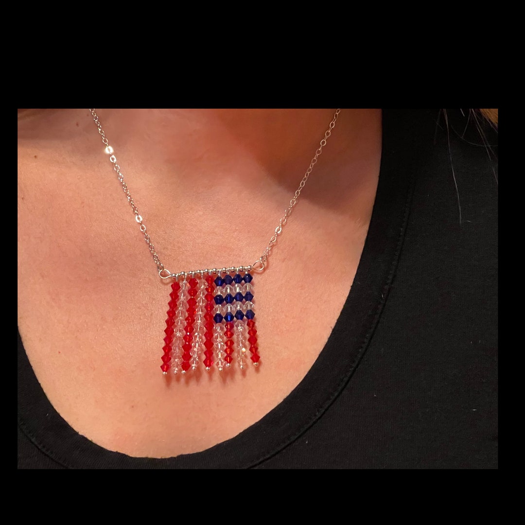 Red, White, and Blue, Crystal Flag, Fourth of July, Necklace, Sterling ...