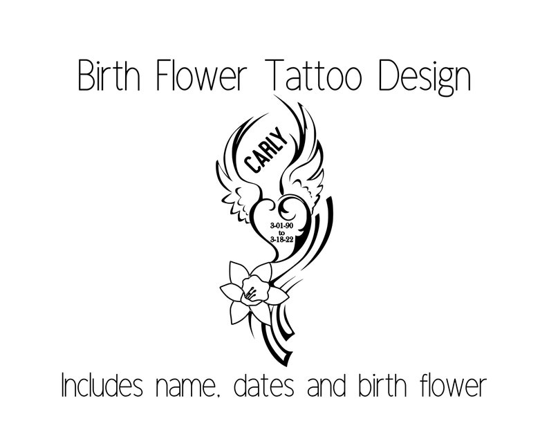 Birth Flower Tattoo Design, Complete With Heart, Angel Wings, Dates and ...