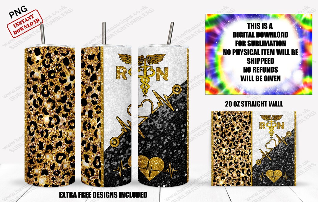 Glitter Leopard RN Nurse Caduceus 20oz Skinny Tumbler Wrap, Straight ...