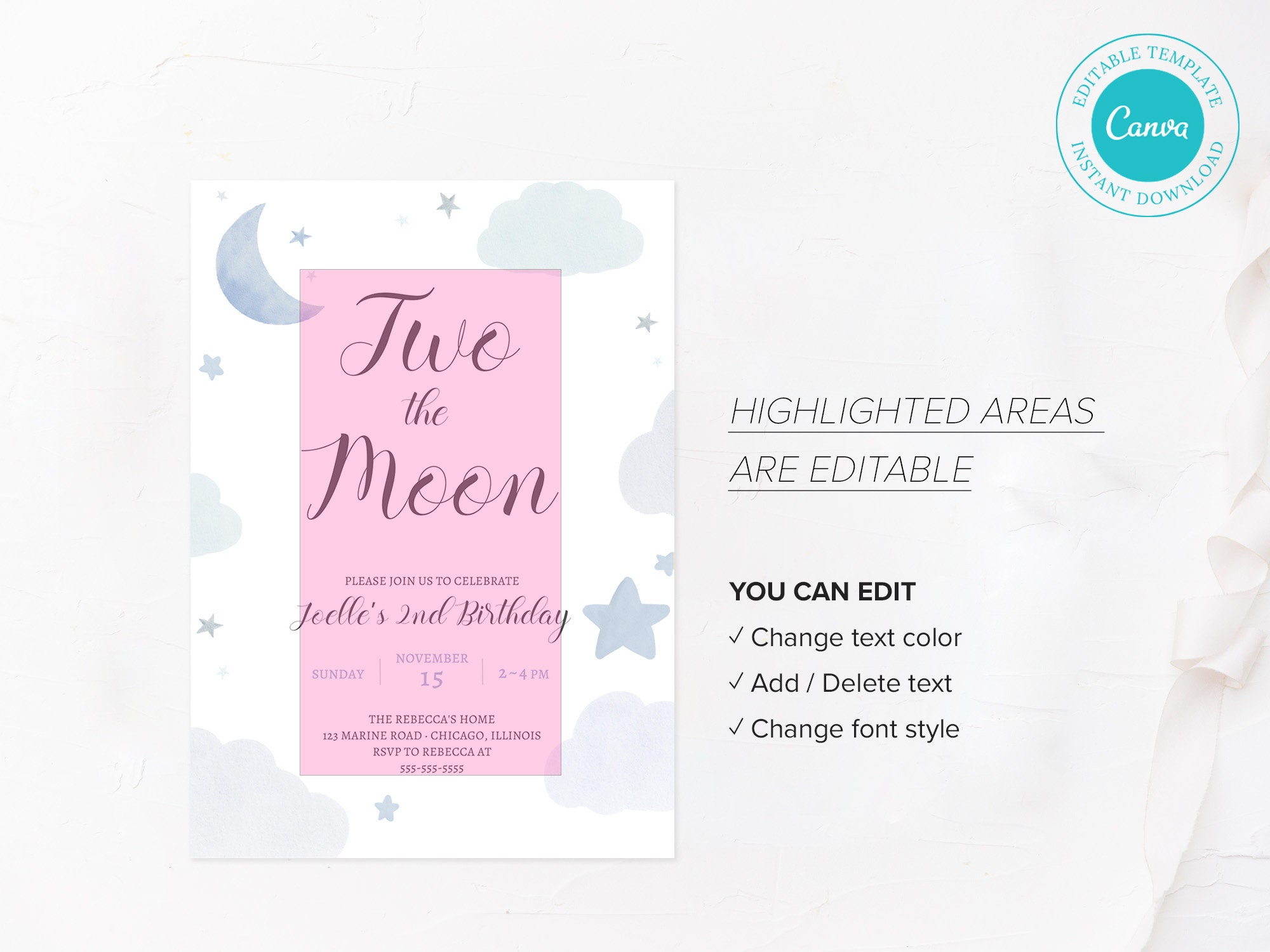 Editable Moon & Star 2nd Birthday Invitation, Two the Moon Invite ...