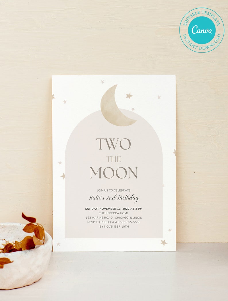 Boho Two the Moon Invitation, Girl Second Birthday Invitation Printable ...