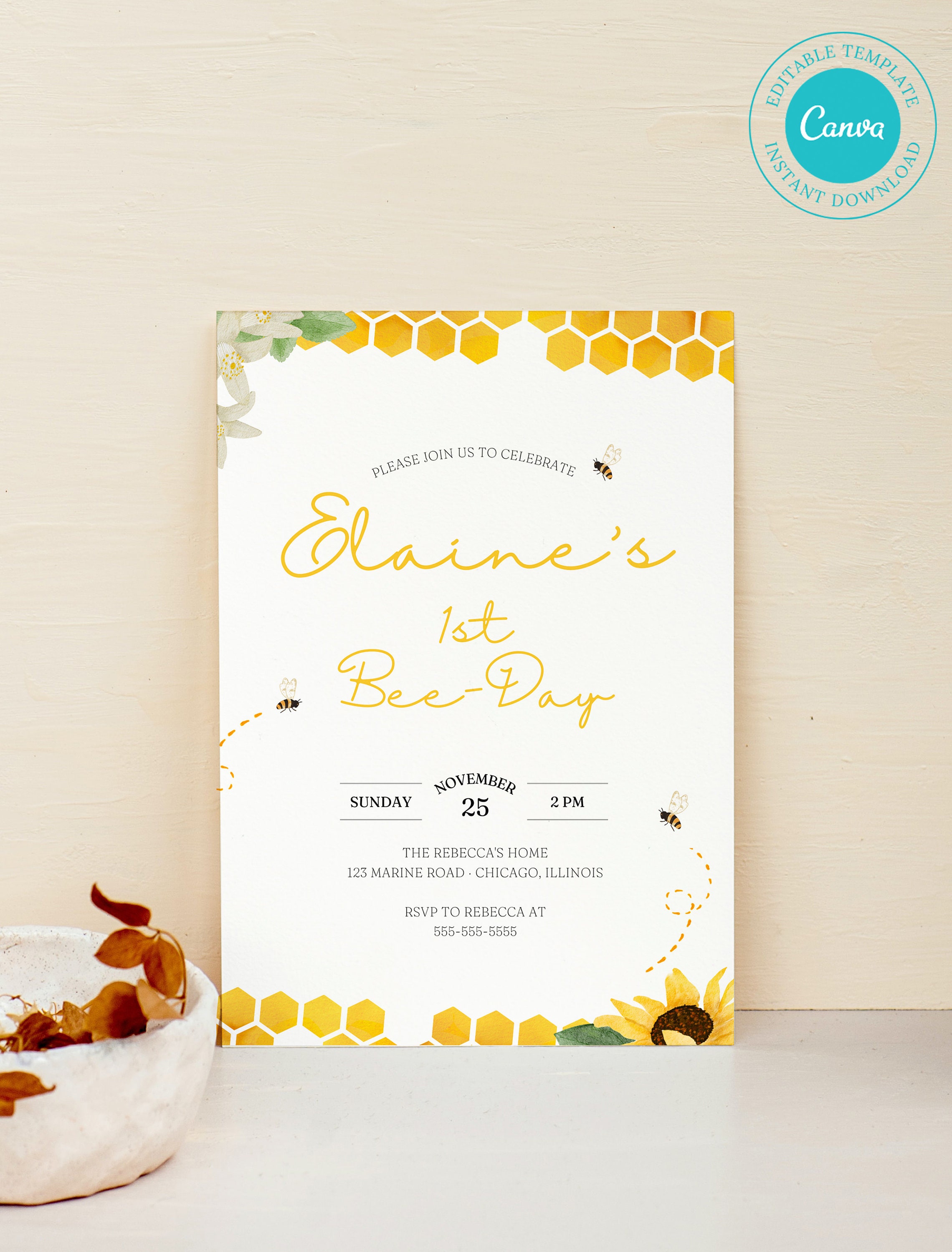 Editable Bee Birthday Invitation, 1st Birthday Invitation, Yellow Honey ...