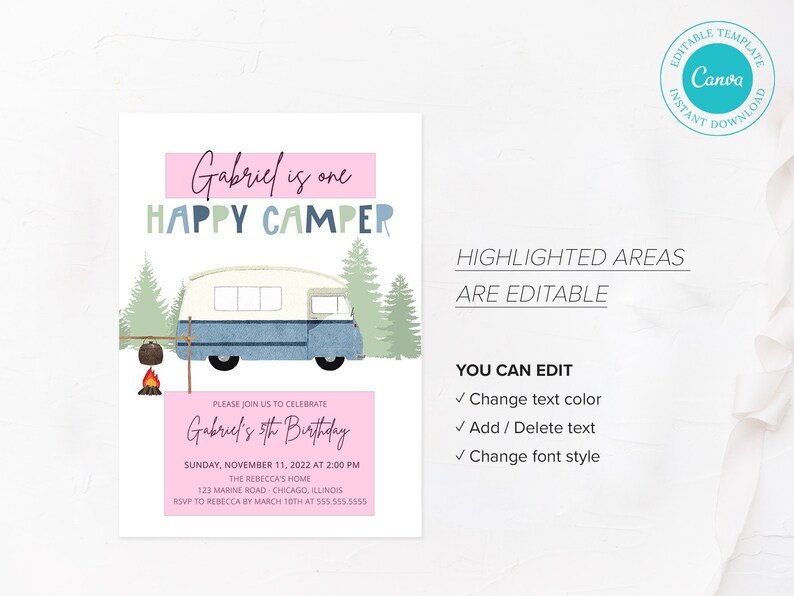 Editable Happy Camper Birthday Invitation, One Happy Camper, First ...