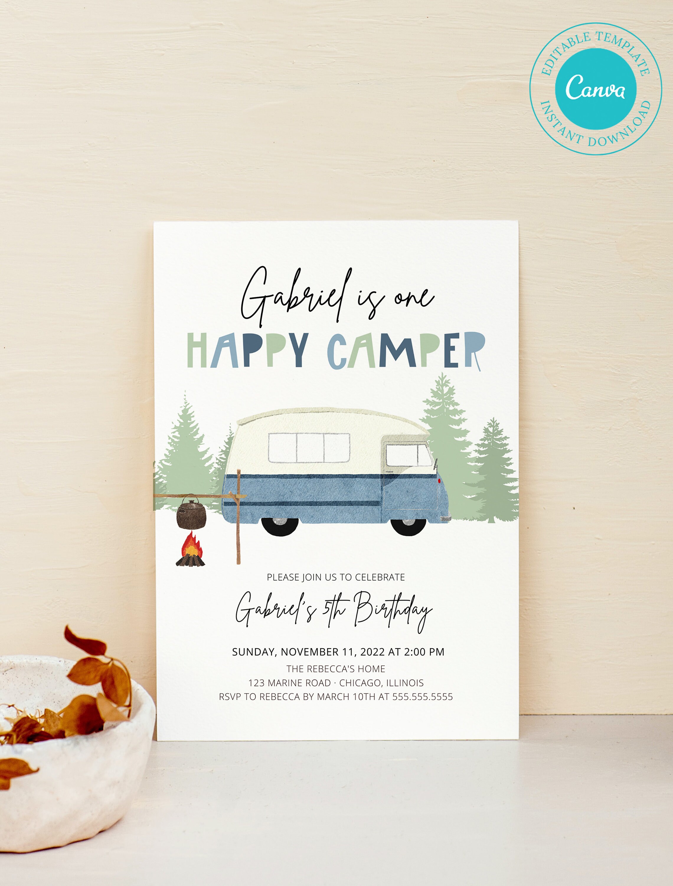 Editable Happy Camper Birthday Invitation, One Happy Camper, First ...