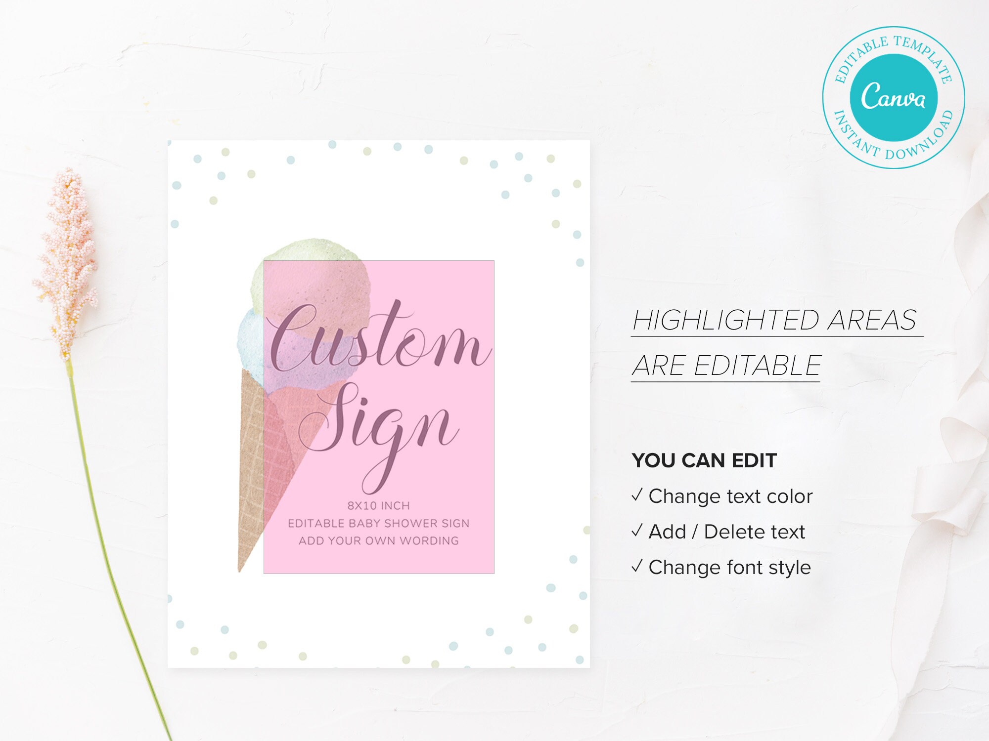 Editable Ice Cream Baby Shower Sign Template, Printable Custom Sign ...